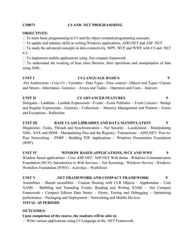 Cs8073c Dot Net Programming Syllabusdocx