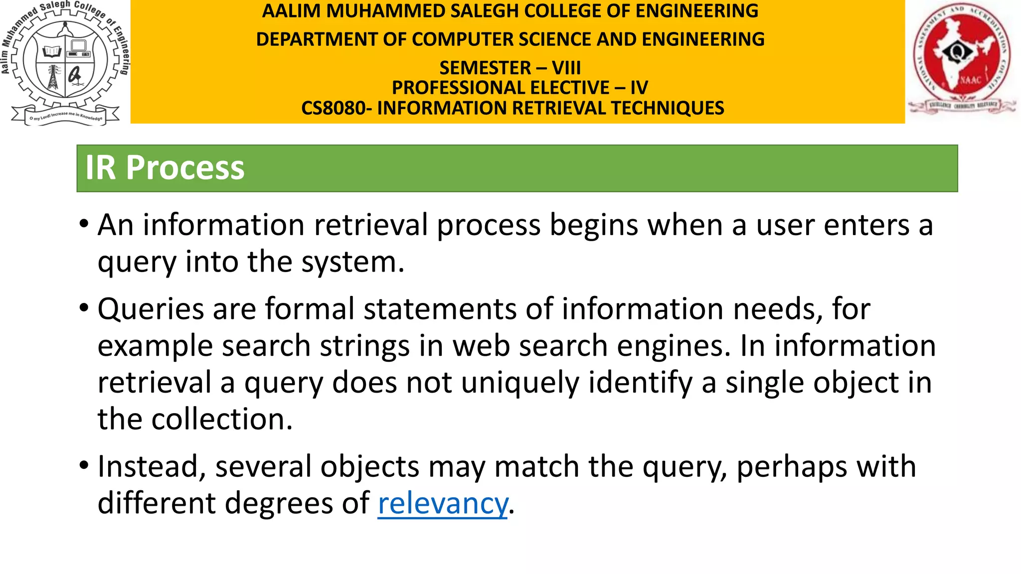 CS8080 INFORMATION RETRIEVAL TECHNIQUES - IRT - UNIT - I PPT IN PDF | PDF | Search | Internet
