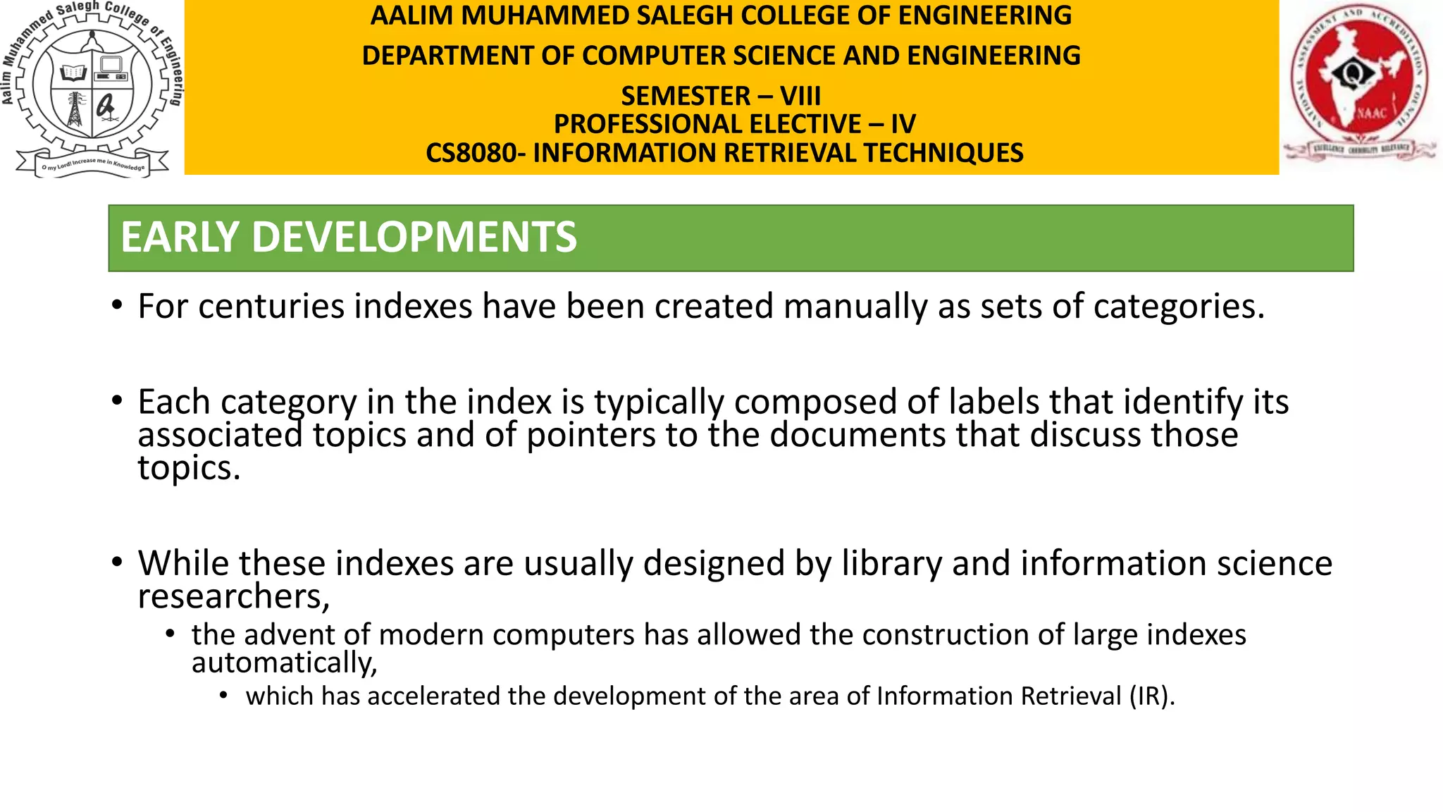 CS8080 INFORMATION RETRIEVAL TECHNIQUES - IRT - UNIT - I PPT IN PDF | PDF | Search | Internet