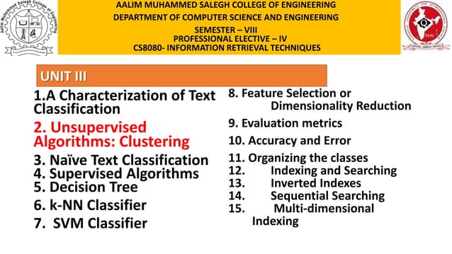 CS8080_IRT_UNIT - III T2 UNSUPERVISED ALGORITHMS -CLUSTERING.pdf | Web Development | Internet