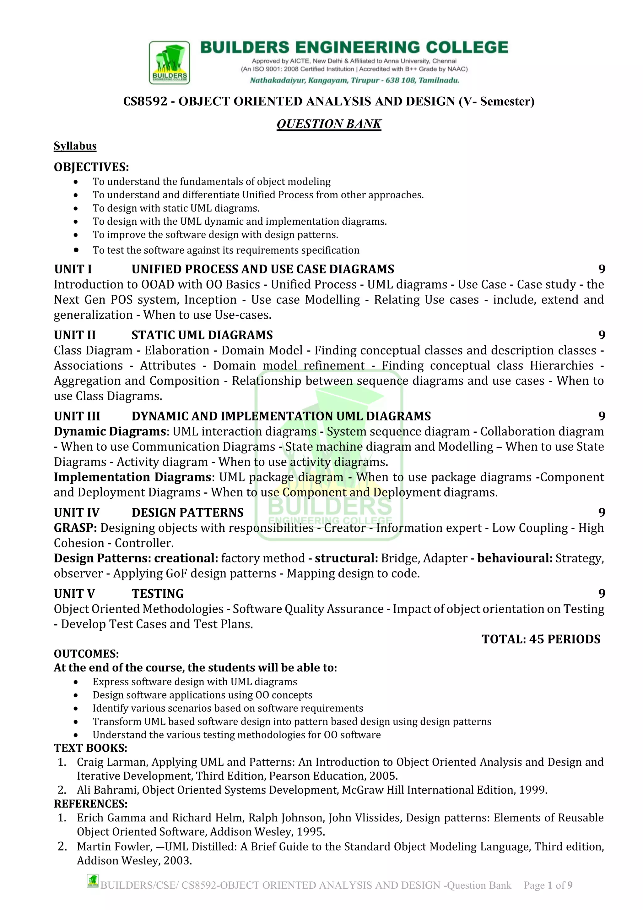 CS8592-OOAD Question Bank | PDF