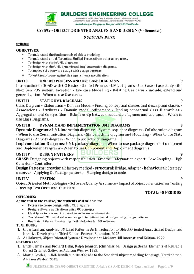CS8592-OOAD Question Bank | PDF | Computing | Technology & Computing