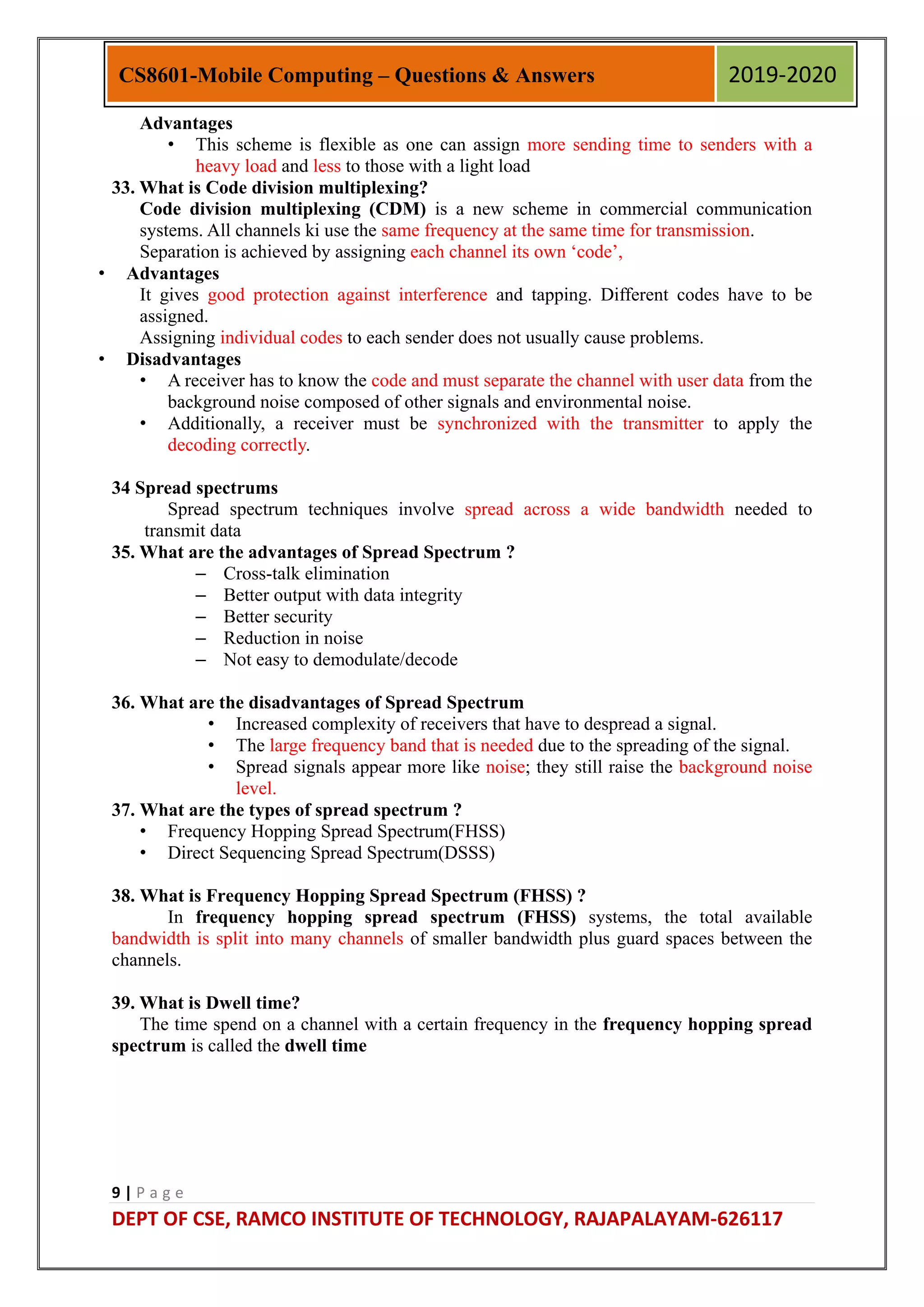 CS8601 mobile computing Two marks Questions and Answer | PDF