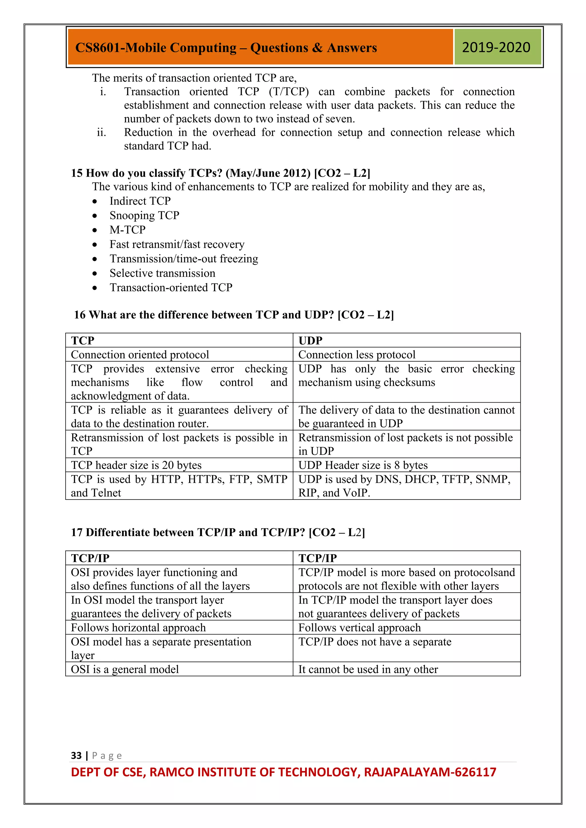 CS8601 mobile computing Two marks Questions and Answer | PDF | Computer Networking | Computing