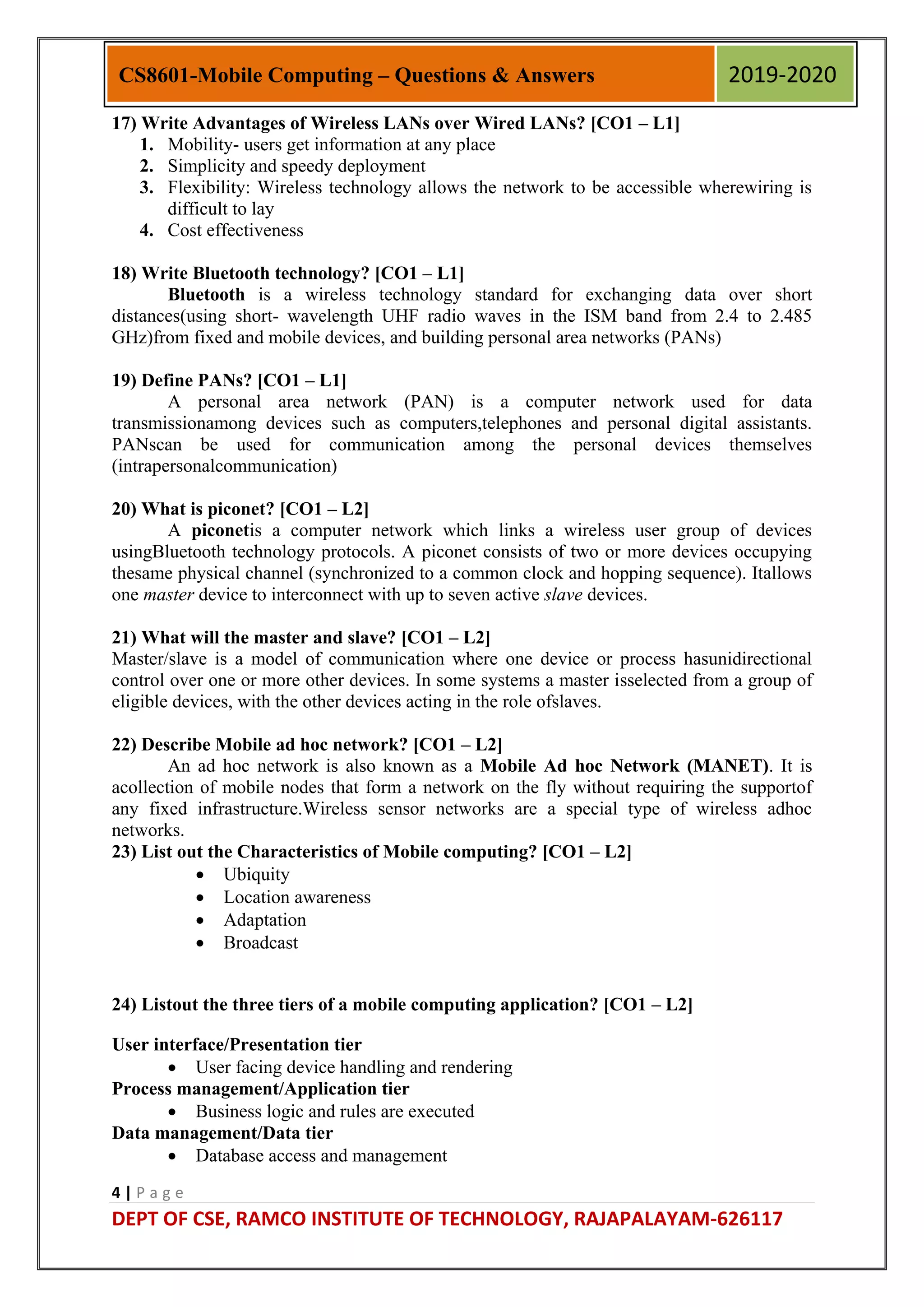 CS8601 mobile computing Two marks Questions and Answer | PDF