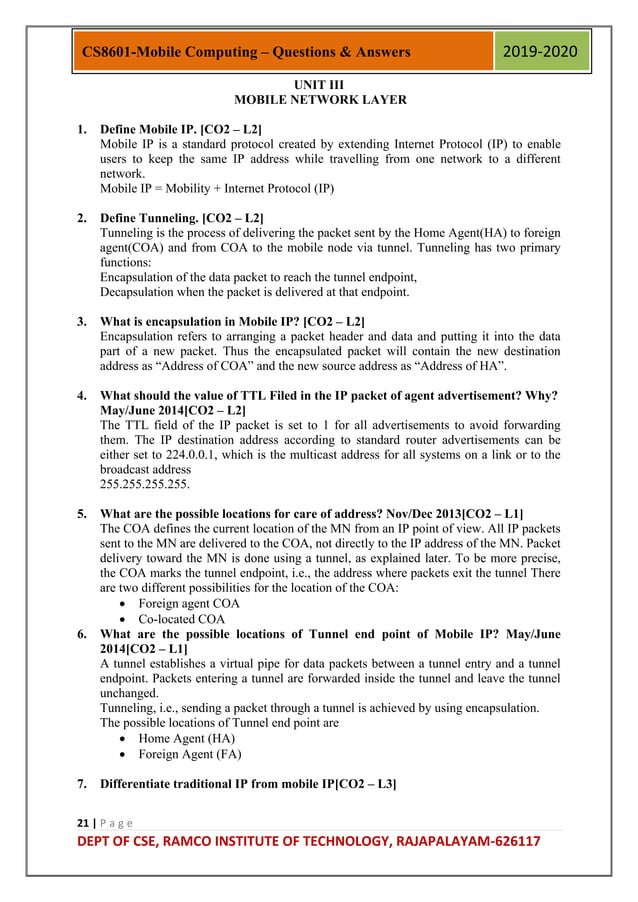 Cs8601 Mobile Computing Two Marks Questions And Answer Pdf Computer Networking Computing