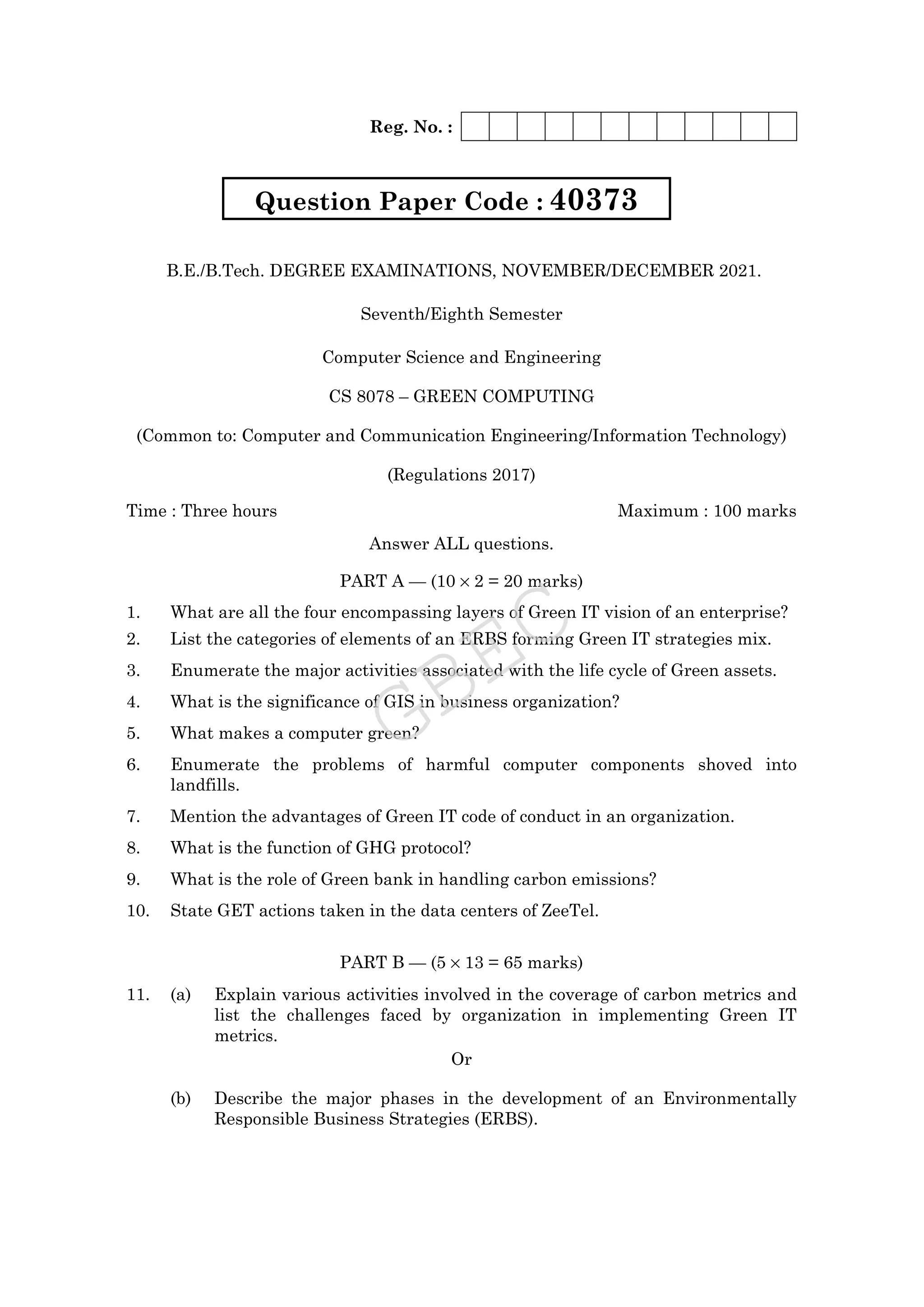 CS878 Green Computing Anna University Question Paper | PDF