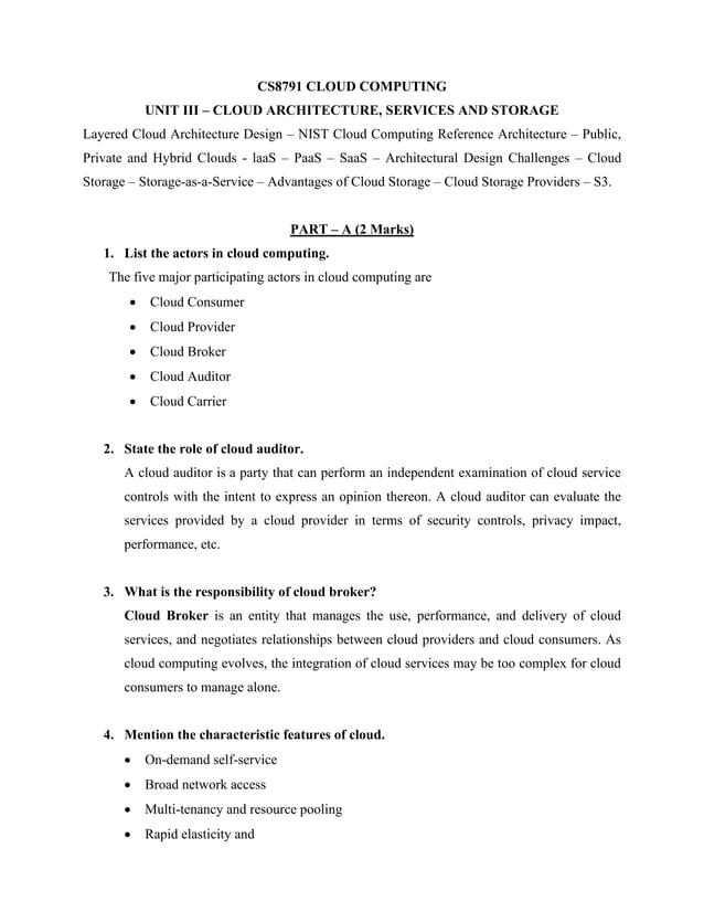 CS8791 Cloud Computing - Question Bank | PDF