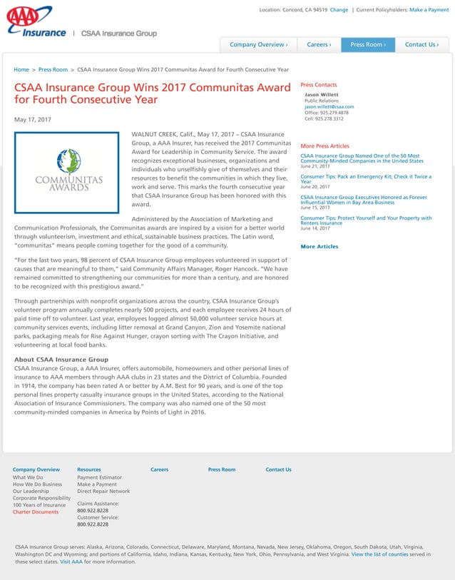 CSAA Insurance Group Wins 2017 Communitas Award for Fourth Consecutive ...