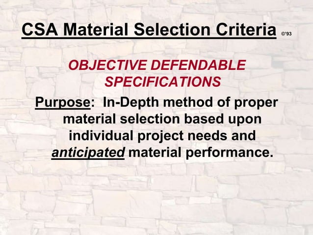 CSA Material Selection Criteria | PPT