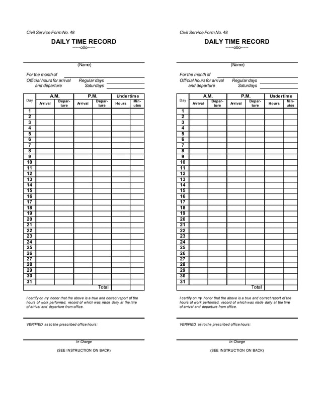 Csc Form 48 daily time record dtr Csc Form 48 daily time record dtr