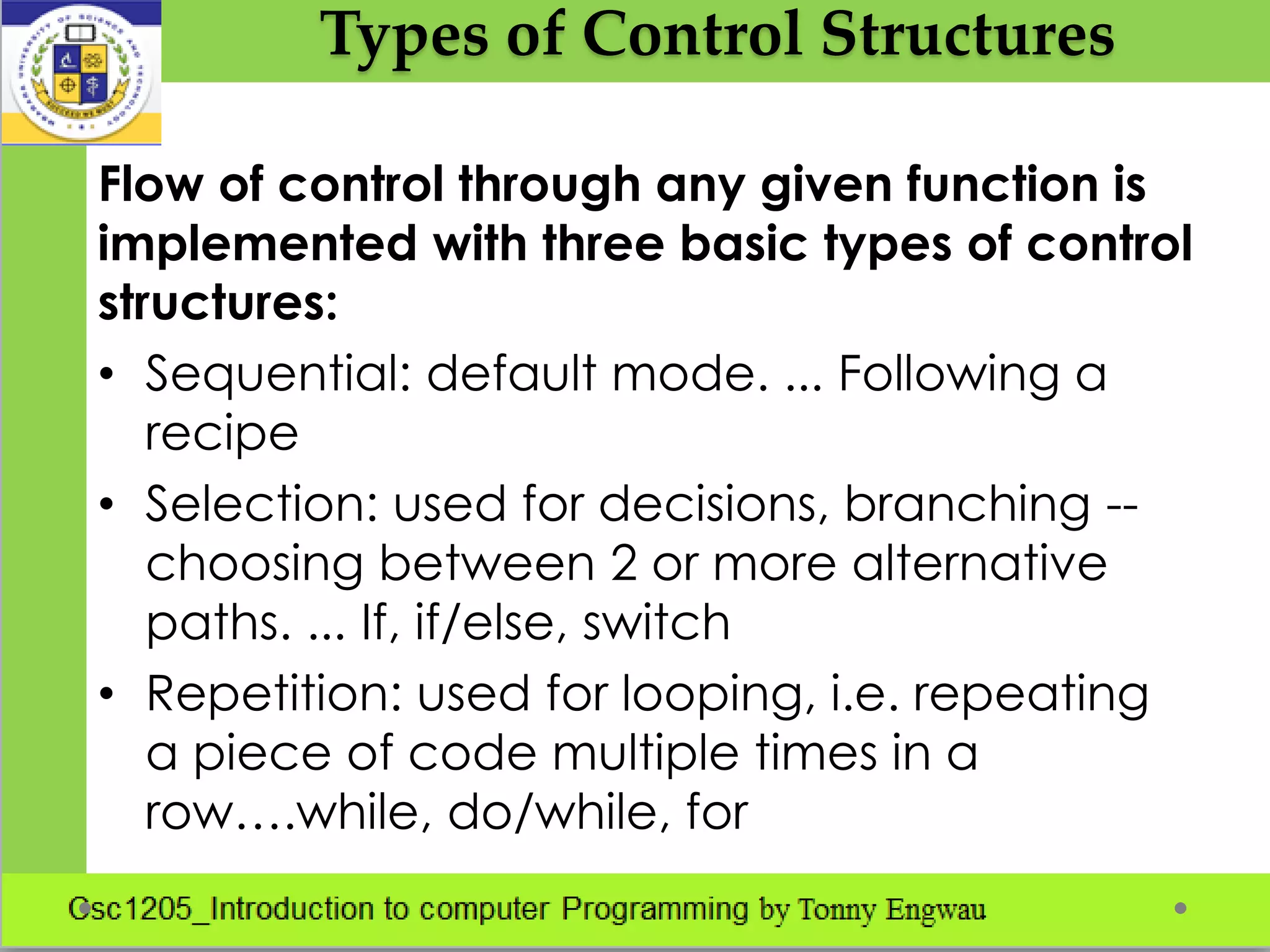Introduction To Computer Programming C Csc1205lec5flow Control Ppt 4658
