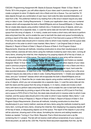 CSC240 Programming Assignment 9 Stacks amp Queues Assig.pdf