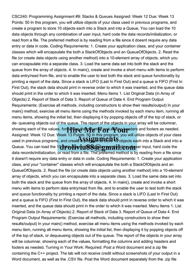 CSC240 Programming Assignment 9 Stacks amp Queues Assig.pdf