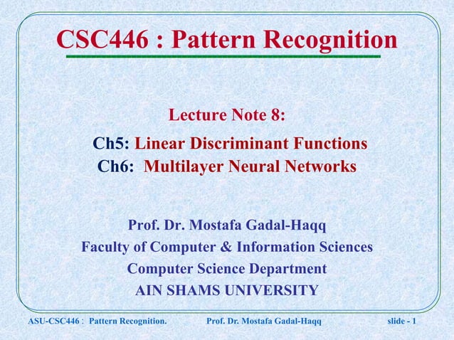 CSC446: Pattern Recognition (LN8) | PPT