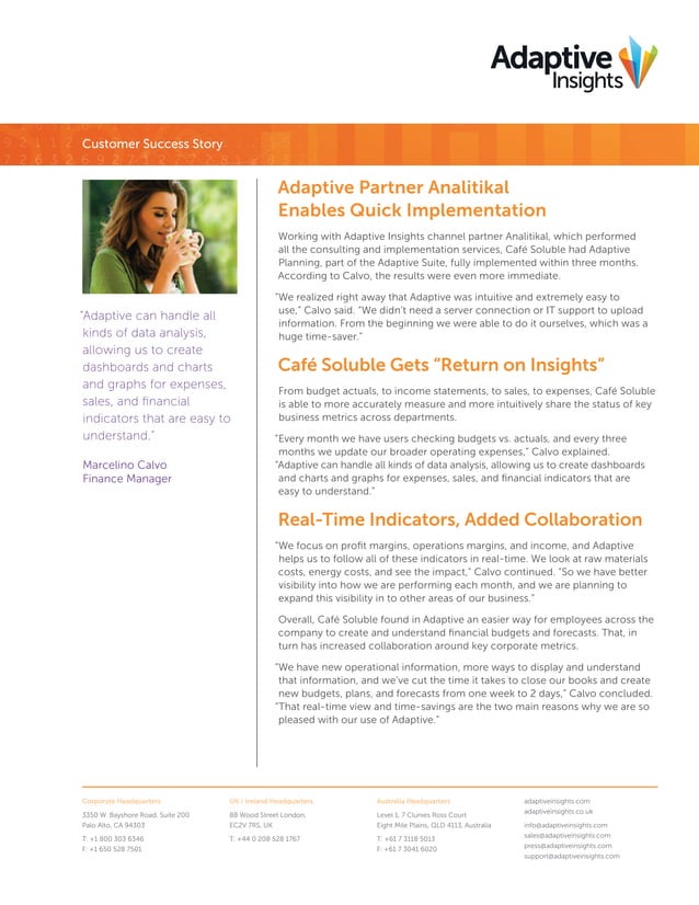 Cafe Soluble Success Story with Adaptive Insights Cloud BI & CPM Software Suite | PDF