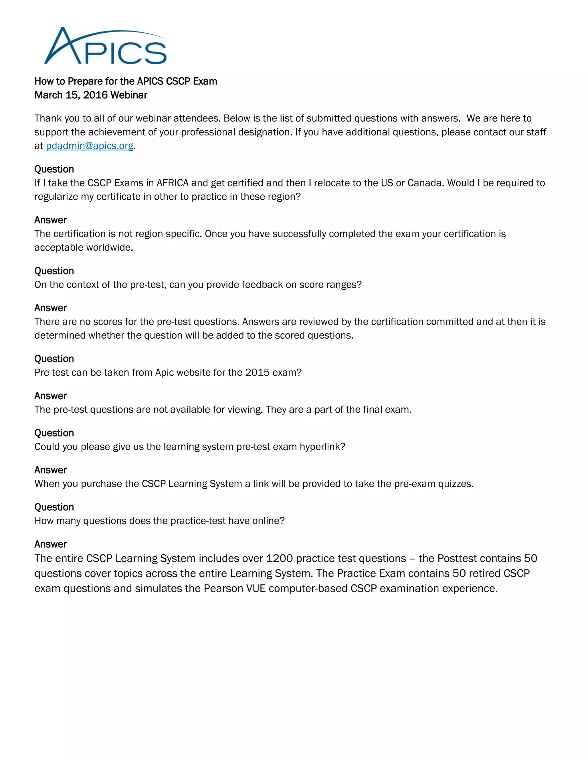 CSCP Webinar part 3 - FAQs | PDF