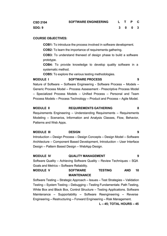 CSD 2104 - software engg.docx - syllabus | DOCX
