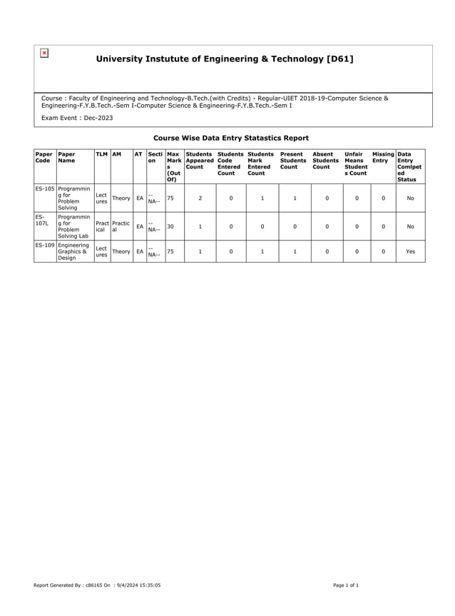 CSE status report First semester UIET KUK | PDF