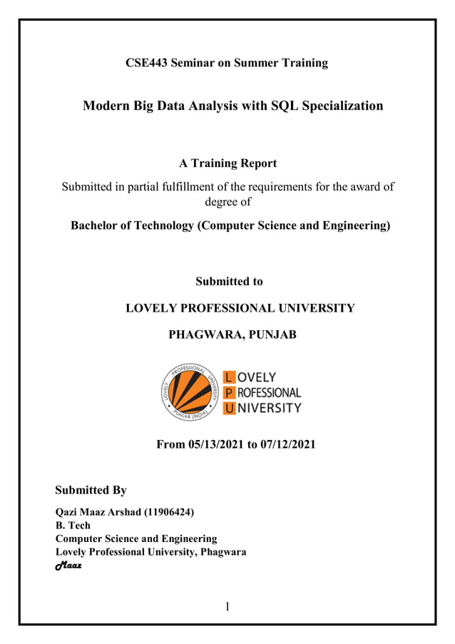 Cse443 Project Report - LPU (Modern Big Data Analysis with SQL Specialization) | PDF