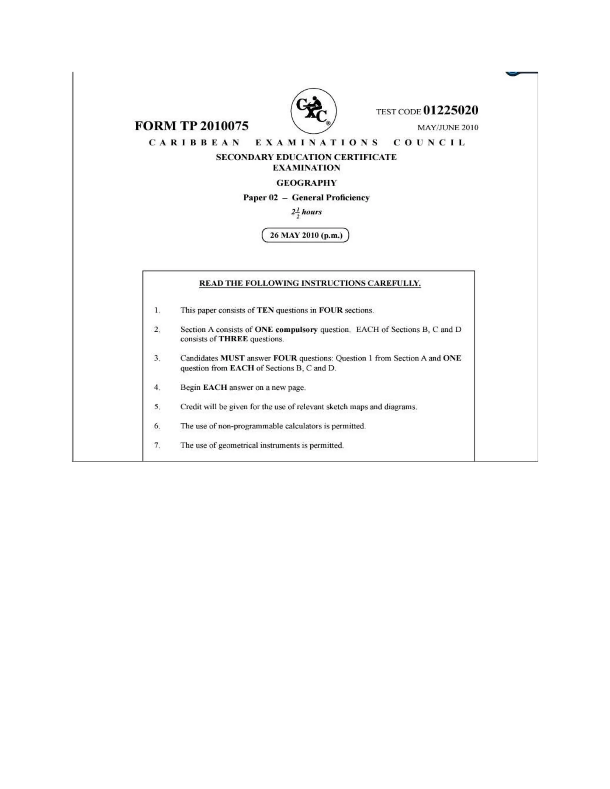 Geography CSEC pass paper 2010 | DOCX