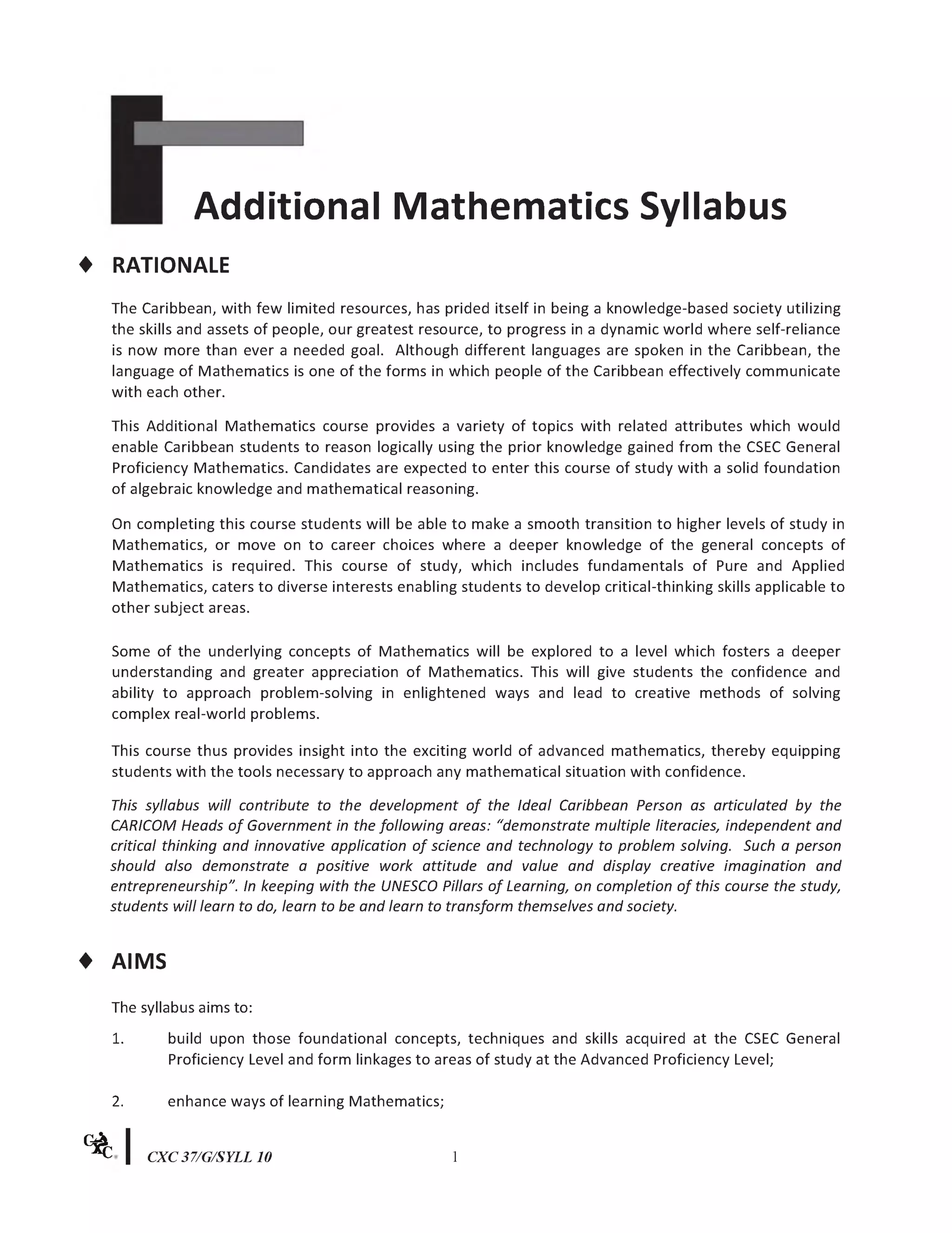 Cxc Csec Syllabus For Additional Mathematics Pdf