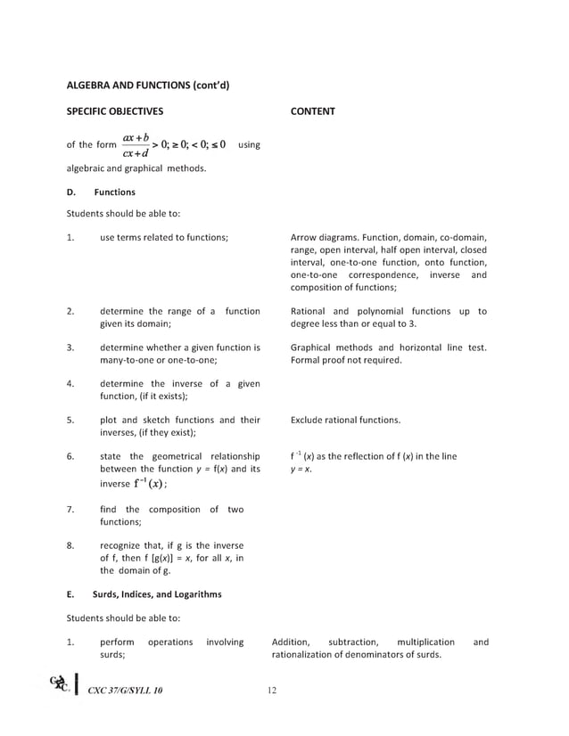 CXC CSEC Syllabus for Additional Mathematics | PDF