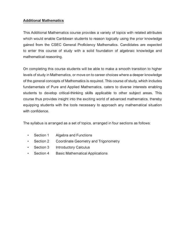 Cxc Csec Syllabus For Additional Mathematics Pdf