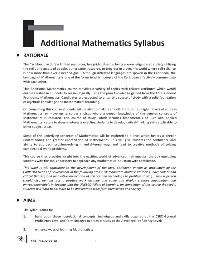 CXC CSEC Syllabus for Additional Mathematics | PDF