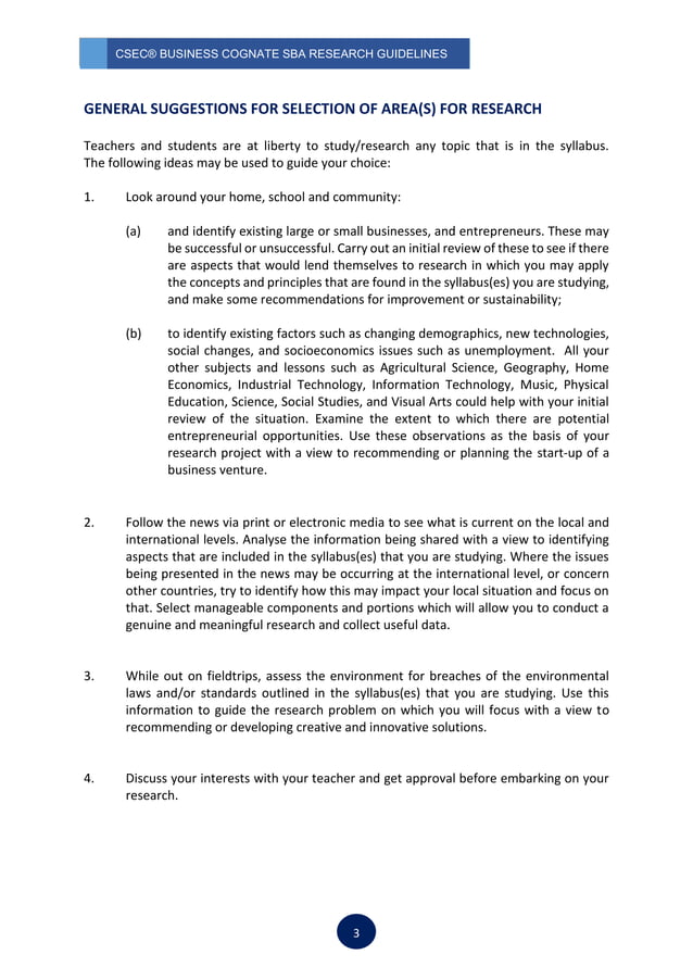 CSEC Business Cognate SBA Research Guidelines | PDF | Educational ...