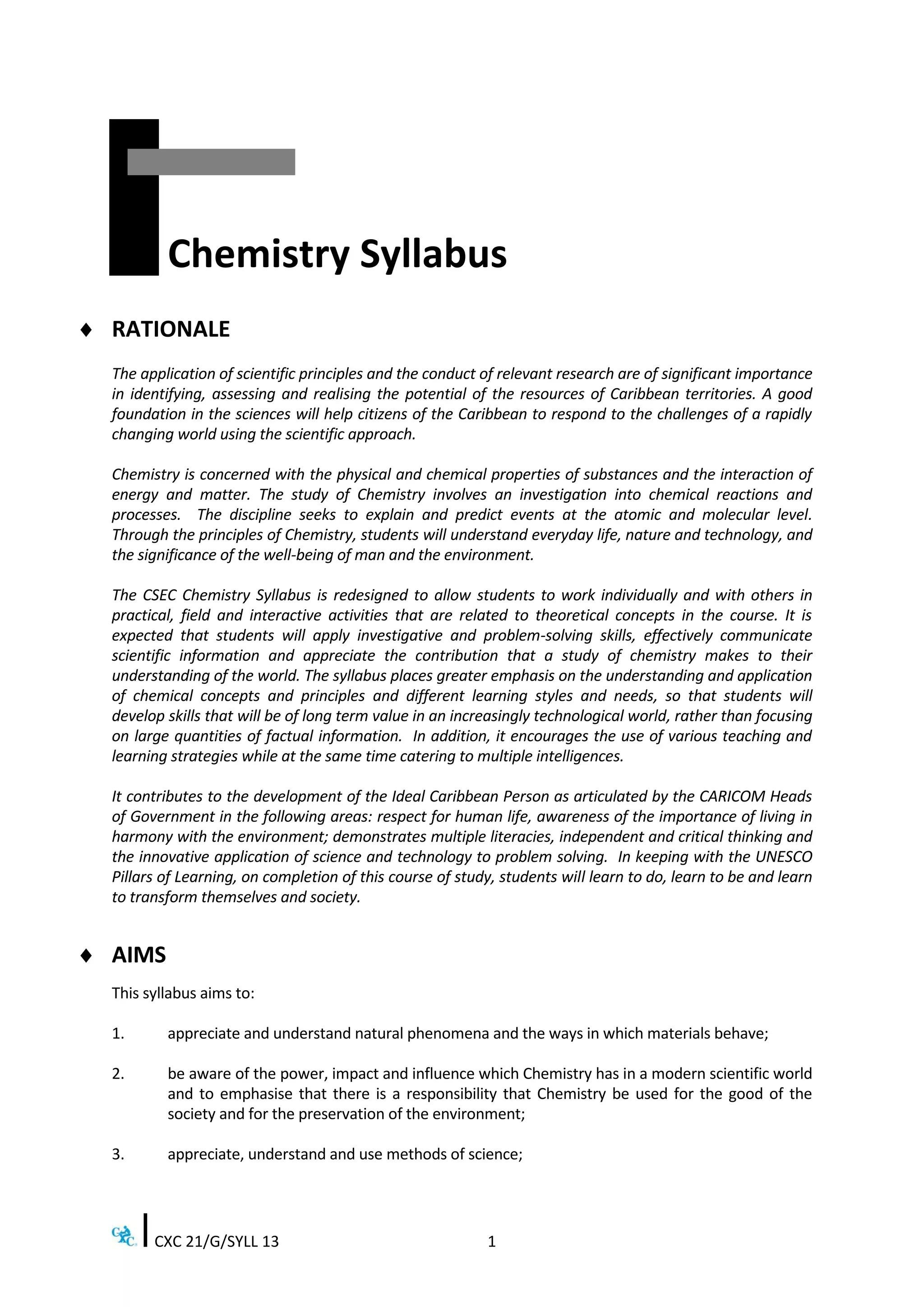 Csec chemistry syllabus 2015 | PDF