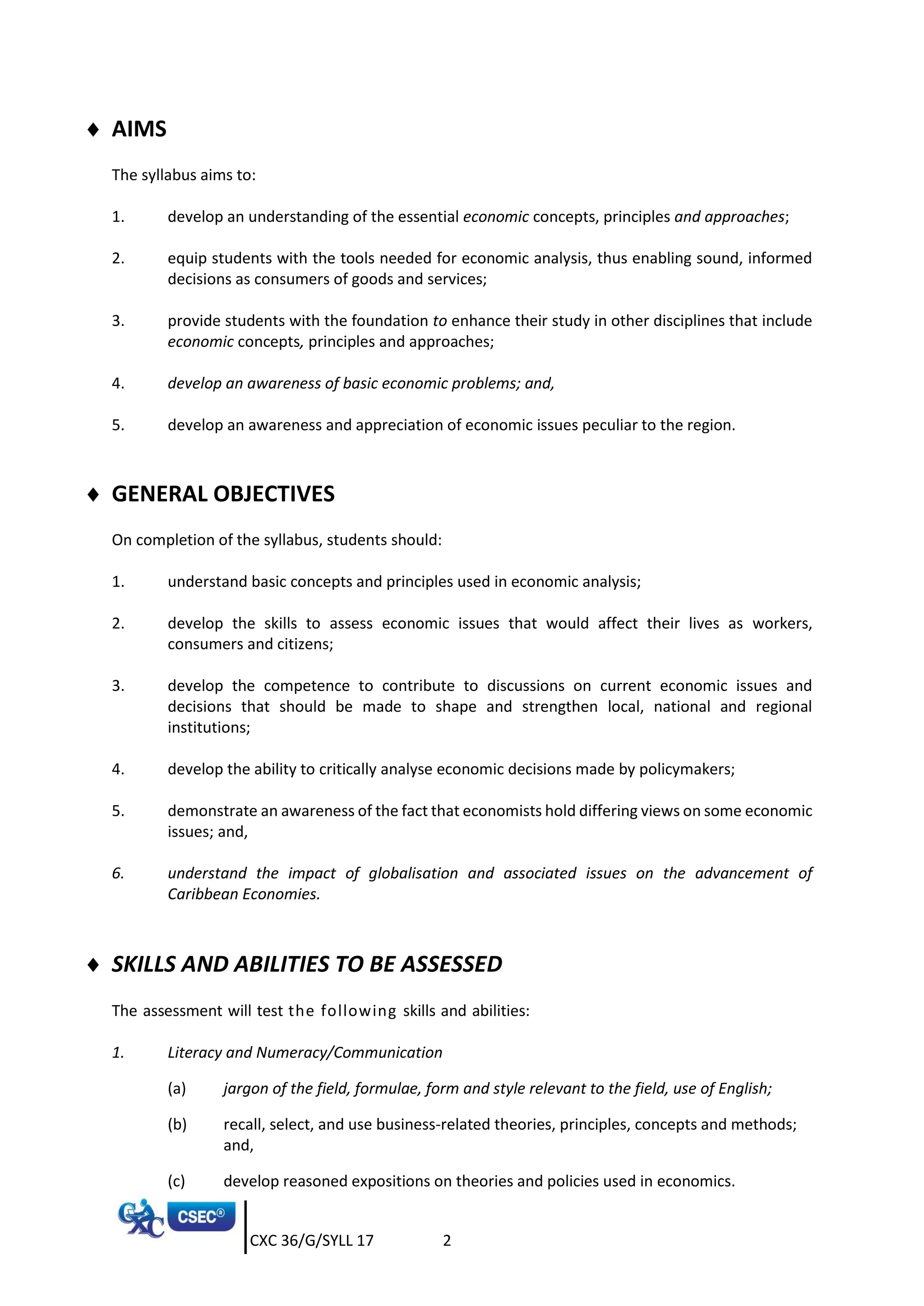 CXC CSEC Syllabus for Economics | PDF | Educational Assessment | Education