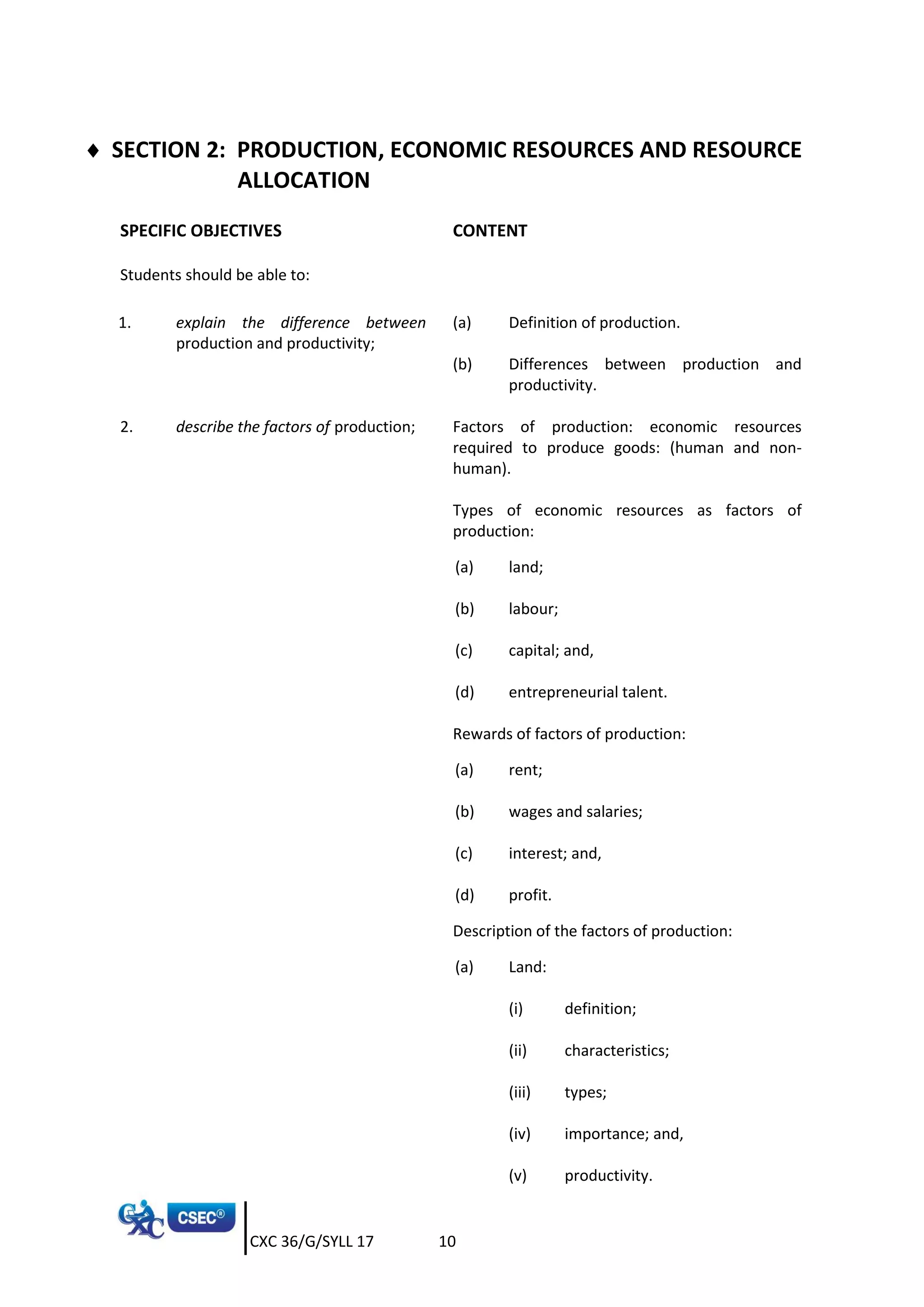 CXC CSEC Syllabus for Economics | PDF