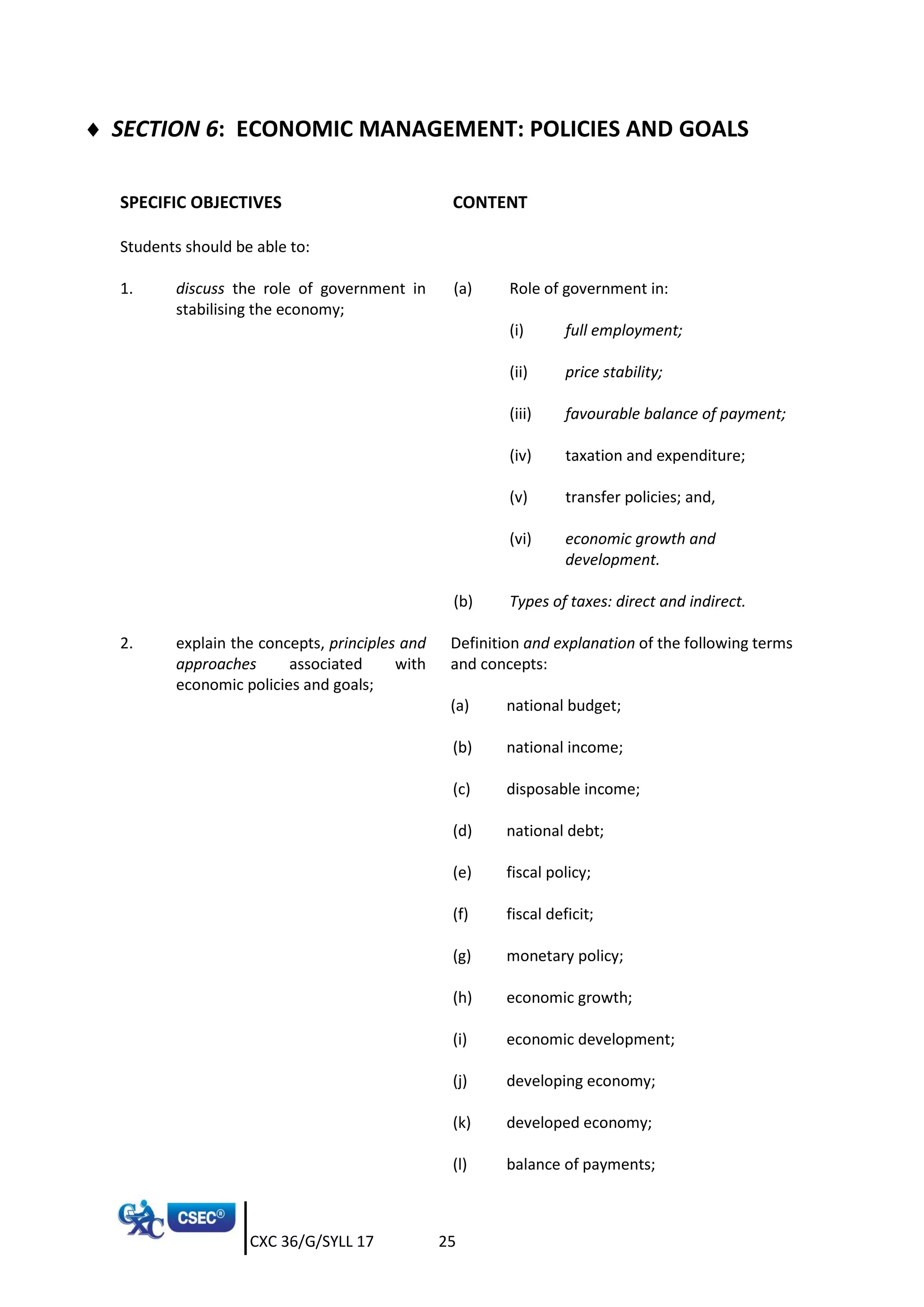 CXC CSEC Syllabus for Economics | PDF
