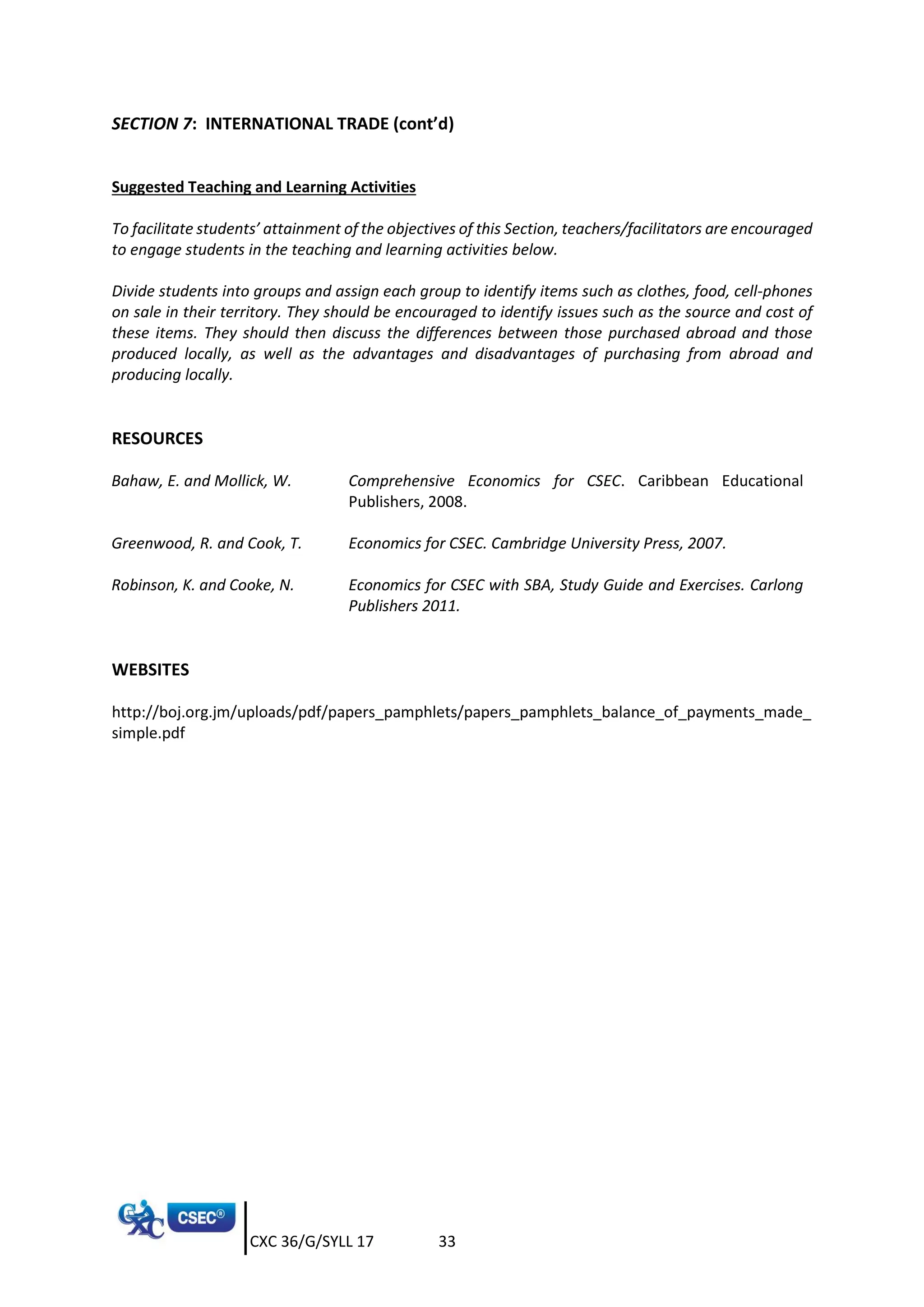 CXC CSEC Syllabus for Economics | PDF | Educational Assessment | Education