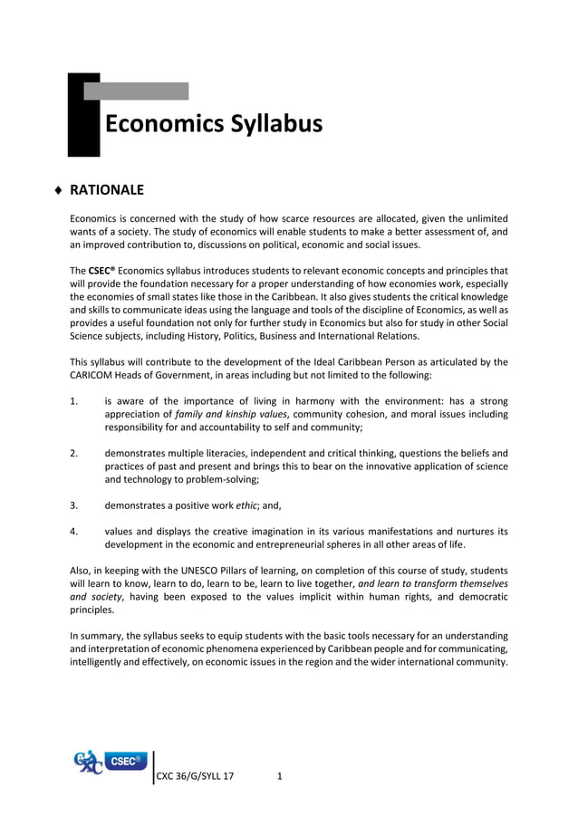 CXC CSEC Syllabus for Economics | PDF | Educational Assessment | Education