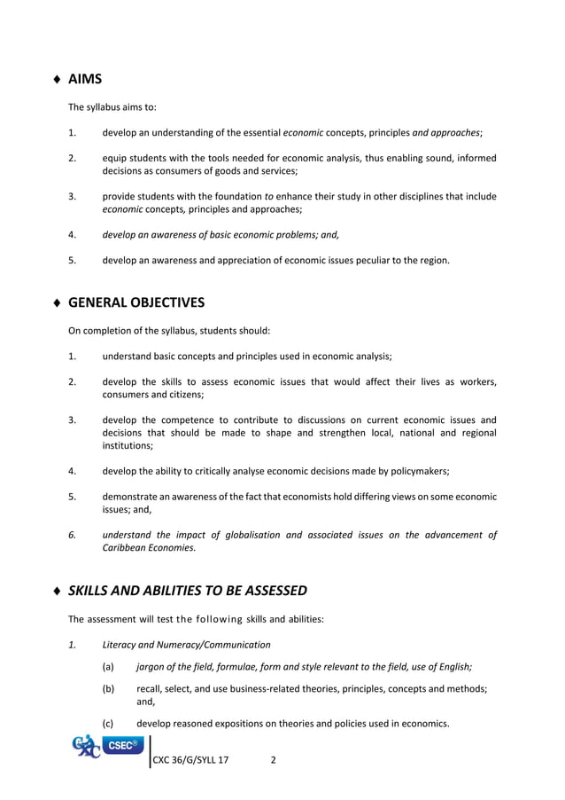 CXC CSEC Syllabus for Economics | PDF | Educational Assessment | Education