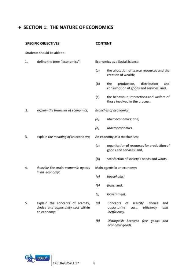 CXC CSEC Syllabus for Economics | PDF | Educational Assessment | Education