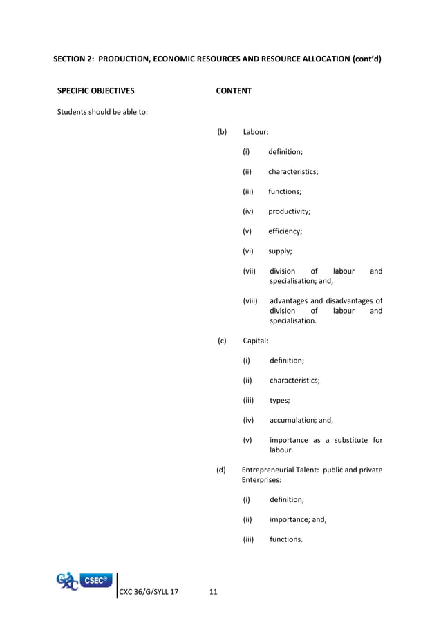 CXC CSEC Syllabus for Economics | PDF | Educational Assessment | Education