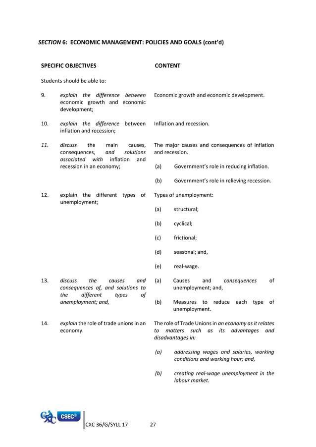CXC CSEC Syllabus for Economics | PDF | Educational Assessment | Education