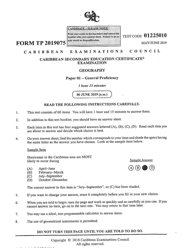 CSEC GEOGRAPHY PAPER 1- 2019 | PDF