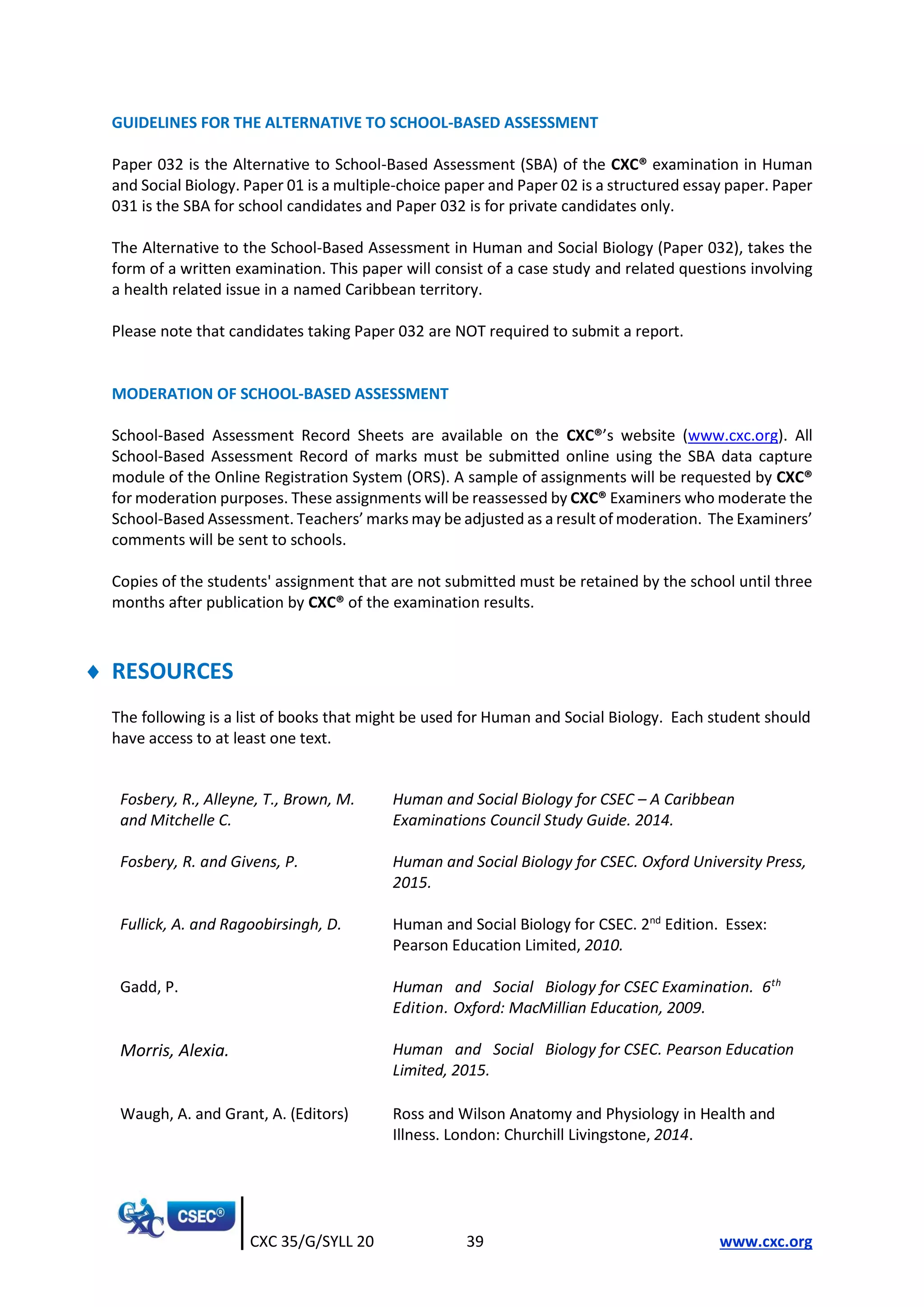 Csec human and social biology syllabus with specimen papers 2022 | PDF