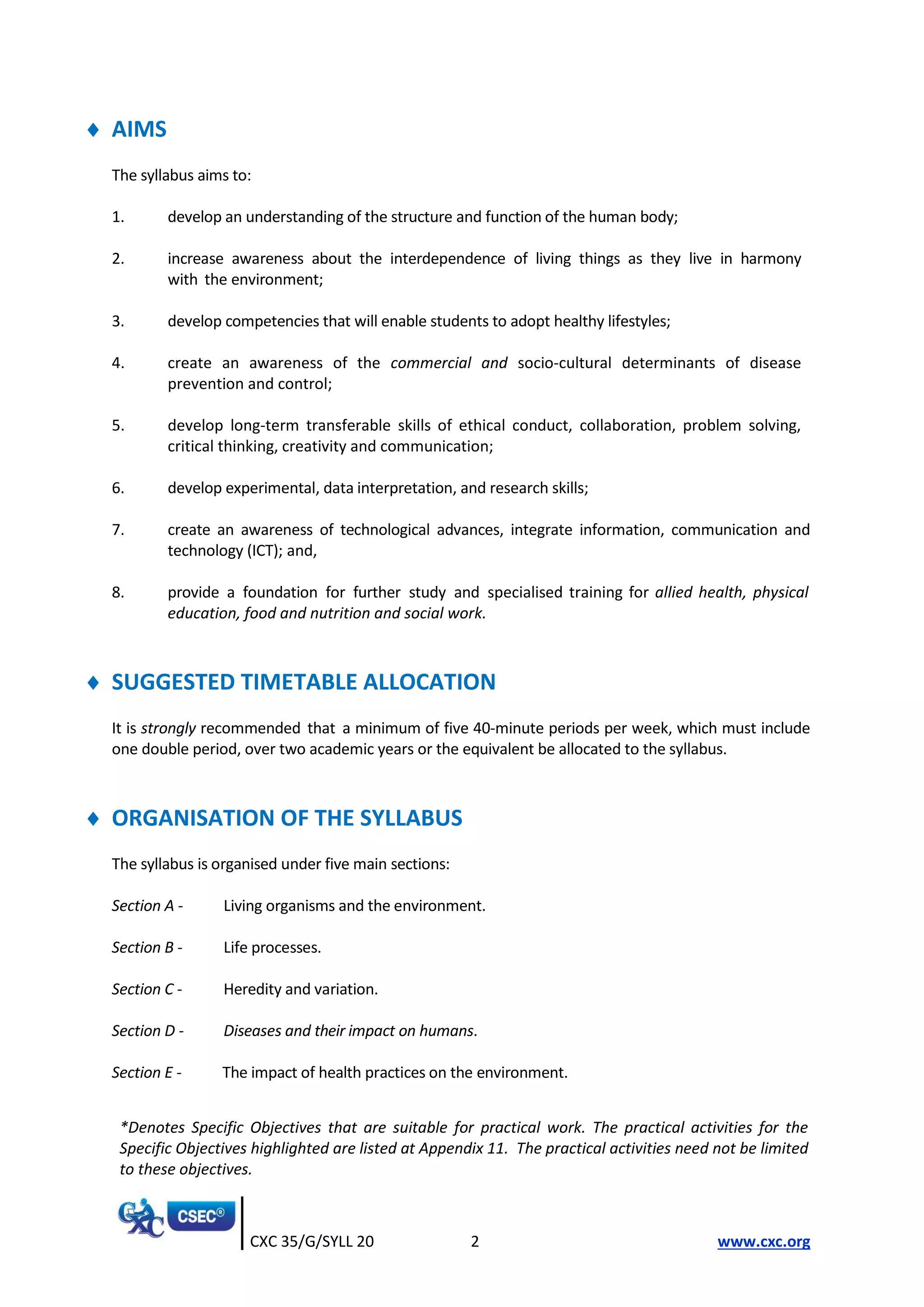 Csec Human And Social Biology Syllabus With Specimen Papers 2022 Pdf