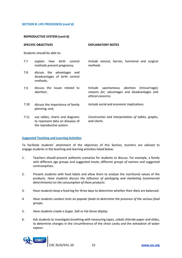 Csec human and social biology syllabus with specimen papers 2022 | PDF ...