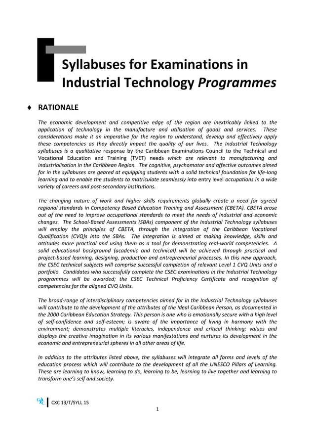 CSEC Industrial Technology Syllabuses (1).pdf | Education industry ...