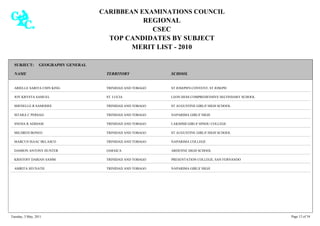2010 Regional CSEC Merit List By Subject | PDF