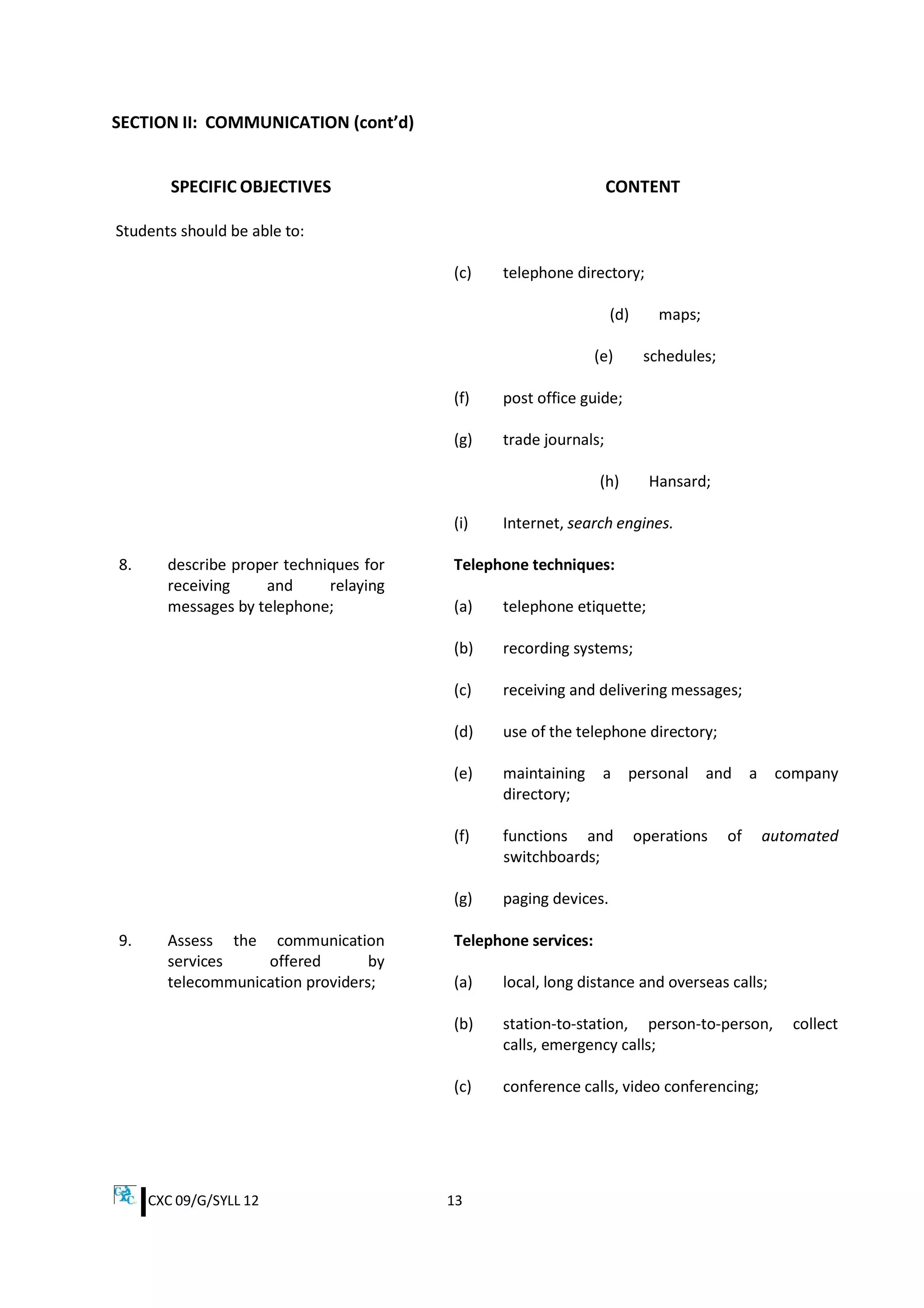 Csec office administration syllabus | PDF