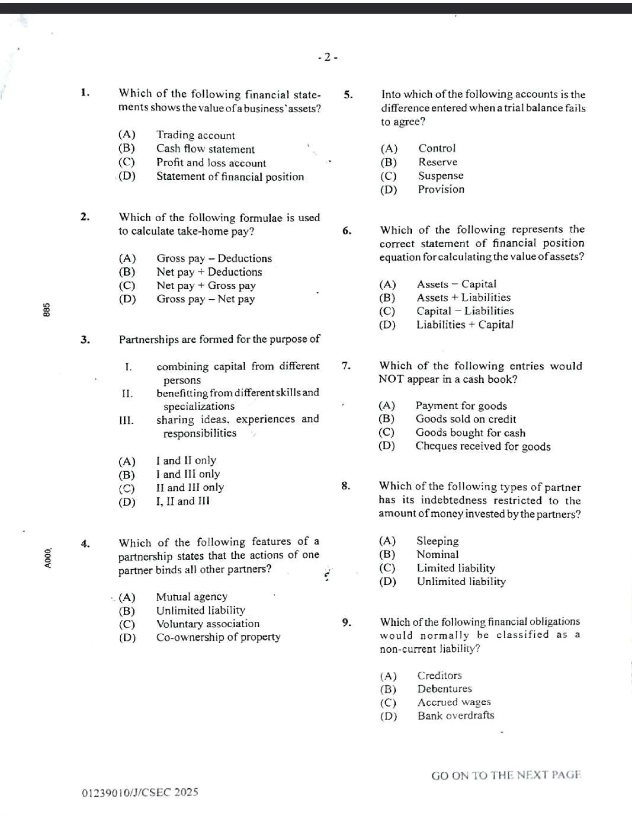 CSEC Principles of Accounts. Past paper Paper One2025 | PDF