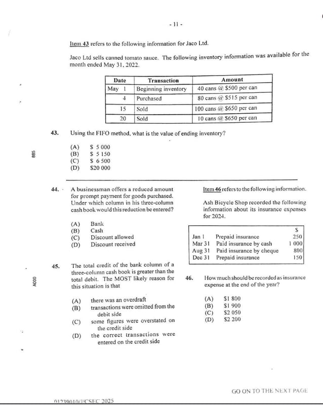CSEC Principles of Accounts. Past paper Paper One2025 | PDF