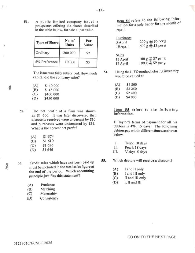 CSEC Principles of Accounts. Past paper Paper One2025 | PDF